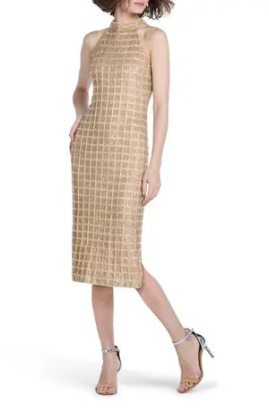 EMILY SHALANT Windowpane Sequin Midi Dress