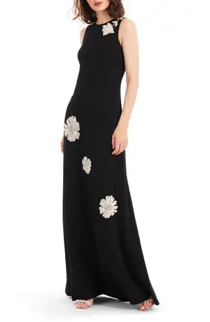 EMILY SHALANT Floral Appliqué Embellished Crepe Gown