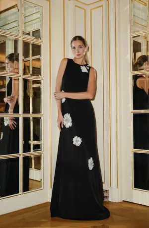 EMILY SHALANT Floral Appliqué Embellished Crepe Gown