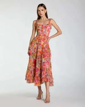 Mac Duggal Floral Scoop Neck A-line Ruffle Midi Dress - Multi
