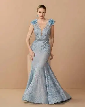 MAC DUGGAL COLLECTION Embellished Lace Illusion Neck Gown With 3d Flowers - Blue