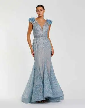 MAC DUGGAL COLLECTION Embellished Lace Illusion Neck Gown With 3d Flowers