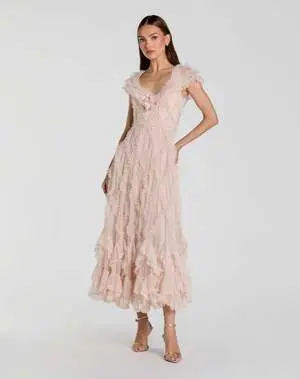 Mac Duggal Ruffled Cap Sleeve A-line Midi Dress