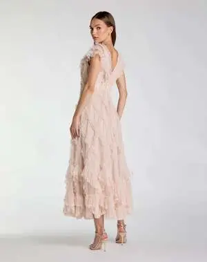 Mac Duggal Ruffled Cap Sleeve A-line Midi Dress