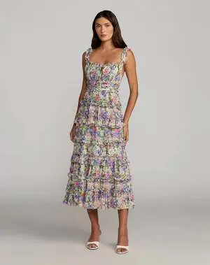Mac Duggal Floral Tiered Cotton Midi Dress