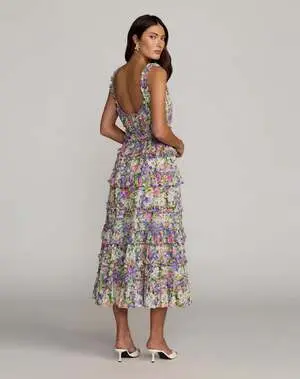 Mac Duggal Floral Tiered Cotton Midi Dress