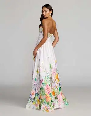 Mac Duggal Floral Print Strapless A-line Gown With Pockets
