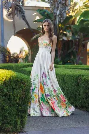 Mac Duggal Floral Print Strapless A-line Gown With Pockets