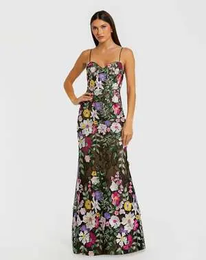Mac Duggal Floral Embroidered Sleeveless Bustier Gown - Black
