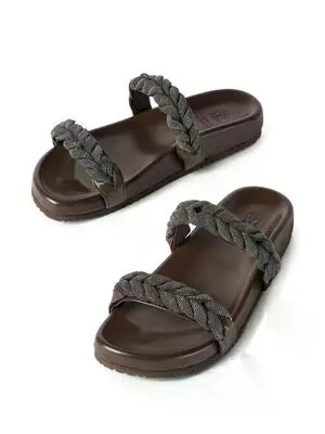 Brunello Cucinelli Braided Leather Sandals With Monili Embellishment - Brown