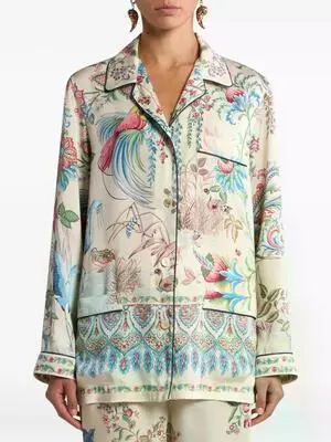 Etro Silk Twill Shirt With Placed Flora And Fauna Print - Neutrals
