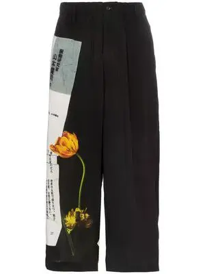 Yohji Yamamoto Printed Wide-leg Crop Trousers - Black