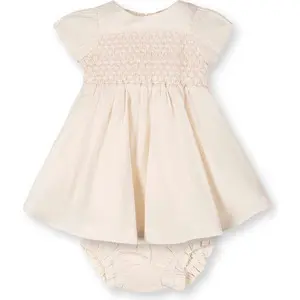 HOPE & HENRY Linen Smocked Puff Sleeve Dress - Natural With Pink