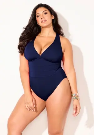 SWIMSUITS FOR ALL V-neck Crossback One-piece Swimsuit - Navy