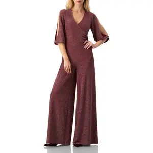 IVONNE Shimmering V-neck 3/4 Sleeve Jumpsuit - Wine