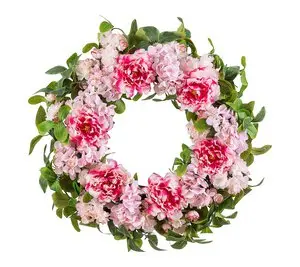GLITZHOME 24'd Pink Hydrangea Peony & Cherry Wr Eath - One-color