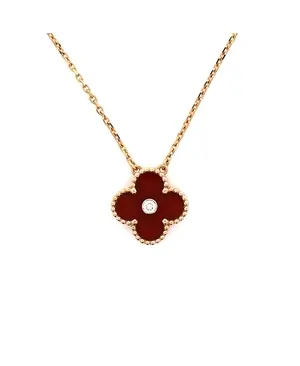 VAN CLEEF & ARPELS Vintage Alhambra Pendant Necklace 18k Rose Gold Carnelian Diamond - Pink