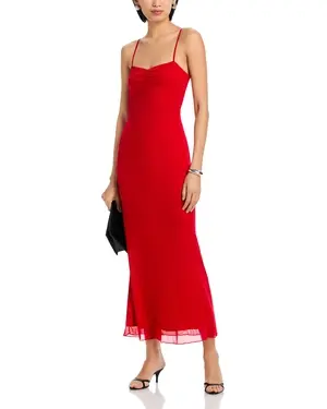 Aqua Solid Mesh Maxi Dress - Red
