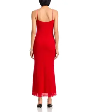 Aqua Solid Mesh Maxi Dress - Red