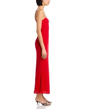 Aqua Solid Mesh Maxi Dress - Red