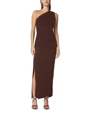 Herve Leger One-shoulder Ruched Jersey Midi Dress - Coffee