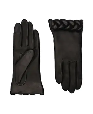AGNELLE Edith Braided Cuff Leather Gloves - Black