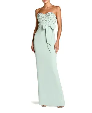 Mac Duggal Crepe Embellished Bustier Strapless Gown With Bow - Sage