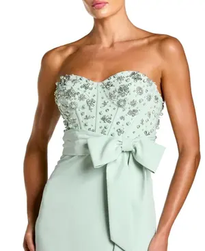 Mac Duggal Crepe Embellished Bustier Strapless Gown With Bow - Sage