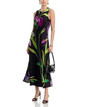Aqua Floral Satin Midi Dress