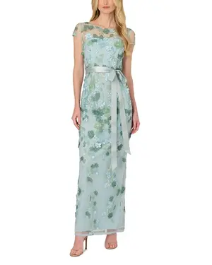 Adrianna Papell Embroidered Belted Gown