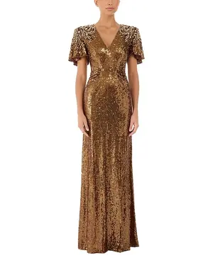 Jenny Packham Manon Sequin Embellished V-neck Gown - Bronze