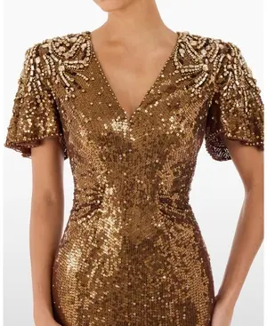 Jenny Packham Manon Sequin Embellished V-neck Gown - Bronze