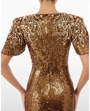 Jenny Packham Manon Sequin Embellished V-neck Gown - Bronze