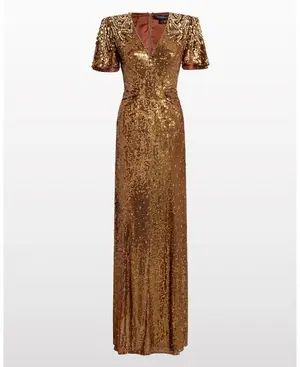 Jenny Packham Manon Sequin Embellished V-neck Gown - Bronze