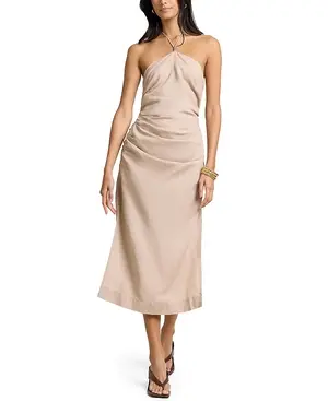 Onia Air Linen Ruched Halter Midi Dress - Jute