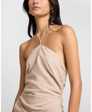 Onia Air Linen Ruched Halter Midi Dress - Jute