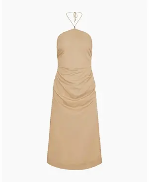 Onia Air Linen Ruched Halter Midi Dress - Jute