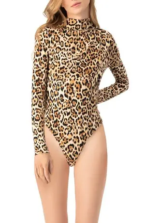IVONNE Long Sleeve Animal Print Bodysuit - Beige