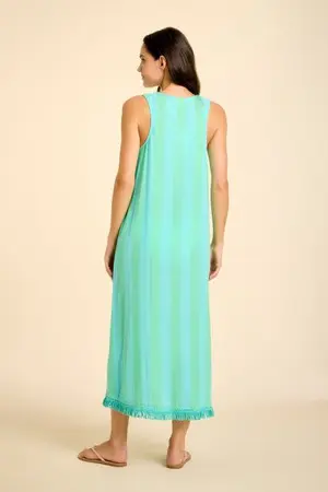SITANO Striped Tank Midi Dress With Fringe