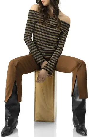 IVONNE Bardot Neckline Striped Long Sleeve Blouse