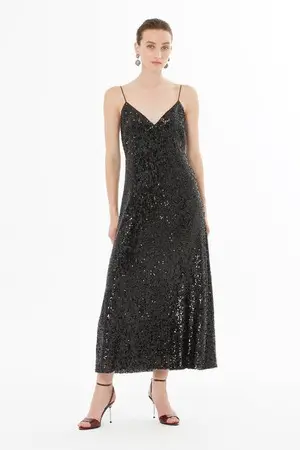 GIZIA Satin V-neck Spaghetti Strap Dress