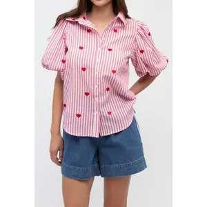 LABEL OF LOVE Heart Embroidered Shirt - Pink
