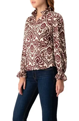 IVONNE Abstract Print Blouse With Ruffled V-neck - Wine