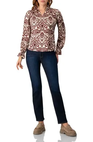 IVONNE Abstract Print Blouse With Ruffled V-neck - Wine
