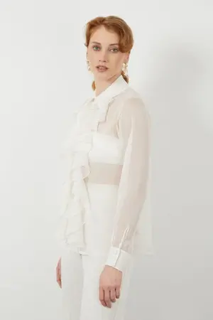 GIZIA Sheer Ruffle Front Long Sleeve Blouse - Ecru