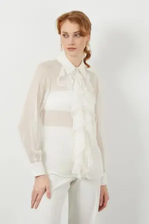 GIZIA Sheer Ruffle Front Long Sleeve Blouse