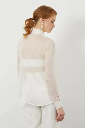GIZIA Sheer Ruffle Front Long Sleeve Blouse