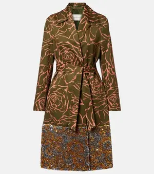 Dries Van Noten Floral Sequined Cotton Wrap Coat - Green