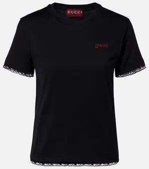 Gucci Embroidered Lace-trimmed Cotton Jersey T-shirt - Black