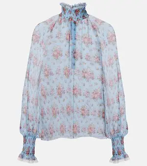 Dolce & Gabbana Floral Ruffled Silk And Cotton Blouse - Blue